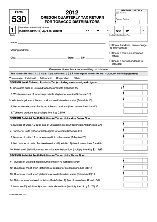 Fillable Form 530 - Oregon Quarterly Tax Return For Tobacco ...