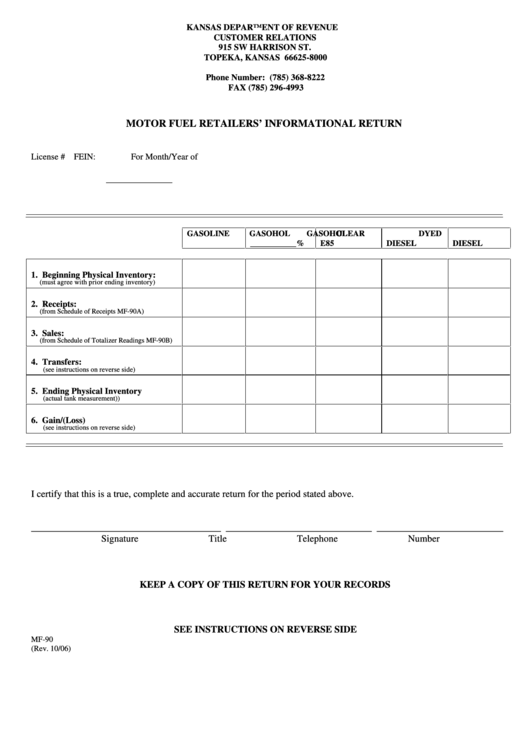 Fillable Form Mf-90 - Motor Fuel Retailers' Information Return ...