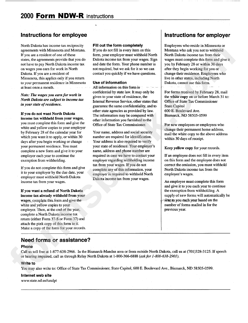 Form Ndwr Instructions - 2000 printable pdf download