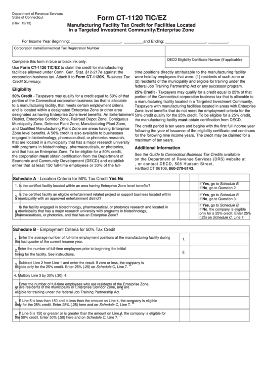 Fillable Form Ct-1120 Tic/ez - Manufacturing Facility Tax Credit For ...