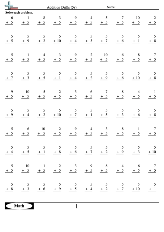 Addition Drills (5s) - Math Workshweet With Answer Key printable pdf ...