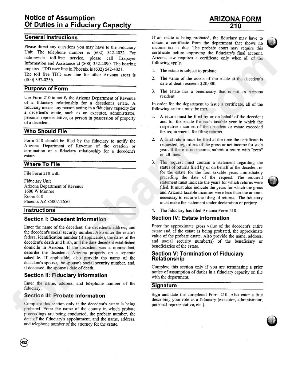 Arizona Form 210 - Notice Of Assumption Of Duties In A Fiduciary ...