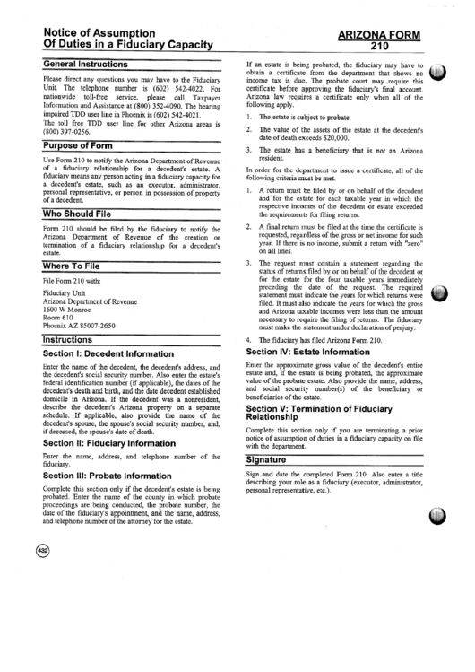 Arizona Form 210 - Notice Of Assumption Of Duties In A Fiduciary ...