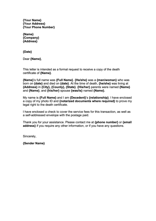 Letter For Death Certificate