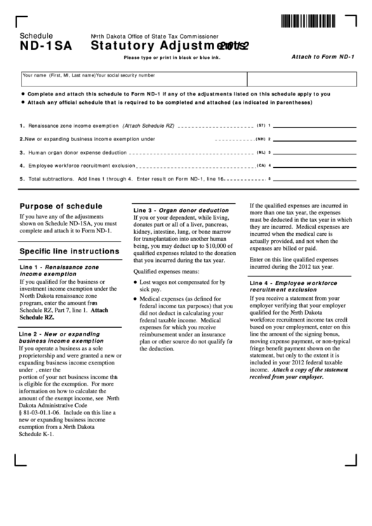 Fillable Schedule Nd-1sa - Statutory Adjustments - 2012 printable pdf ...