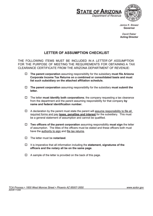 Letter Of Assumption Checklist Form printable pdf download
