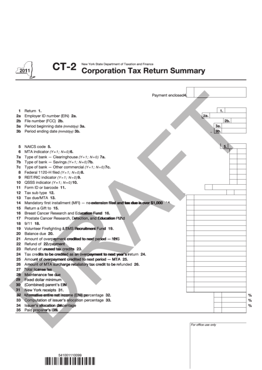 Form Ct-2 Draft - Corporation Tax Return Summary - 2011 printable pdf ...