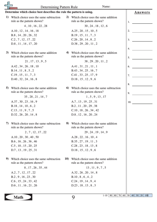 Determining Pattern Rule - Patter Worksheet With Answers printable pdf ...