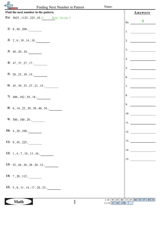 Finding Next Number In A Pattern Pattern Worksheet With Answers