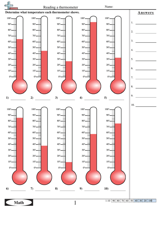 Reading A Thermometer - Measurement Worksheet With Answers printable ...