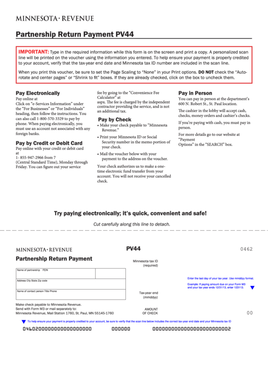 Fillable Form Pv44 - Partnership Return Payment printable pdf download