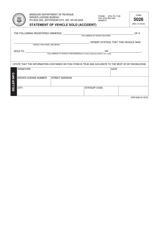 Fillable Form 5026 - Statement Of Vehicle Sold (Accident) printable pdf ...