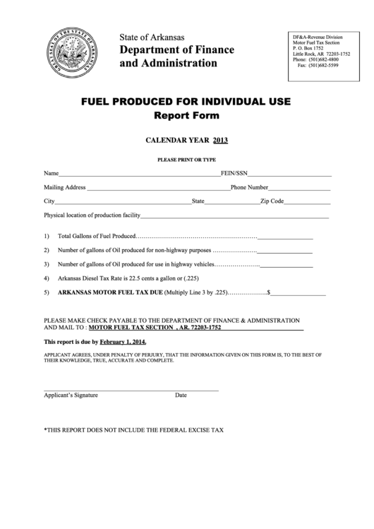Fillable Fuel Produced For Individual Use Report Form - 2013 printable ...