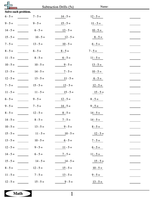 Subtraction Drills (5s) - Subtraction Worksheet With Answers printable ...