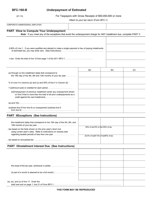Fillable Form Bfc-160-B - Underpayment Of Estimated N.j. Corporation ...