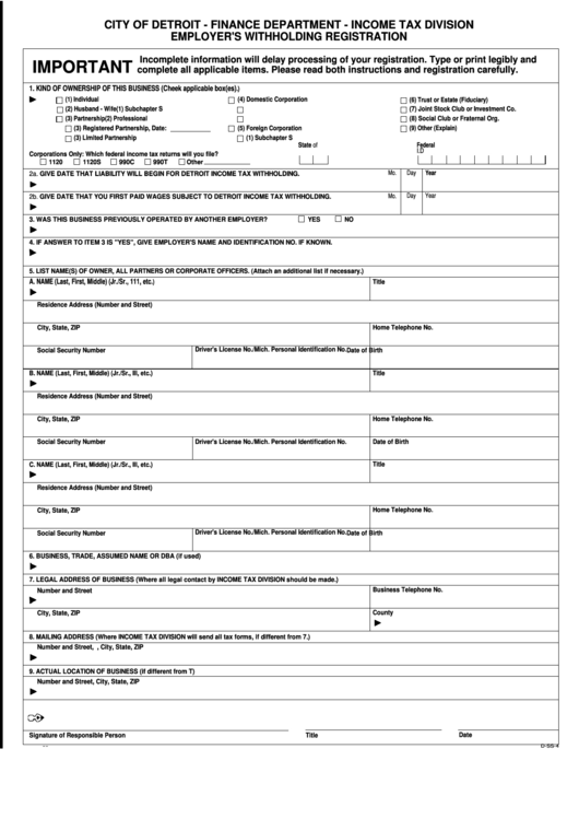 Employer'S Withholding Registration - City Of Detroit printable pdf ...