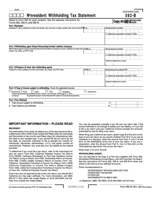 Form 592 B Nonresident Withholding Tax Statement 2001 Printable Pdf