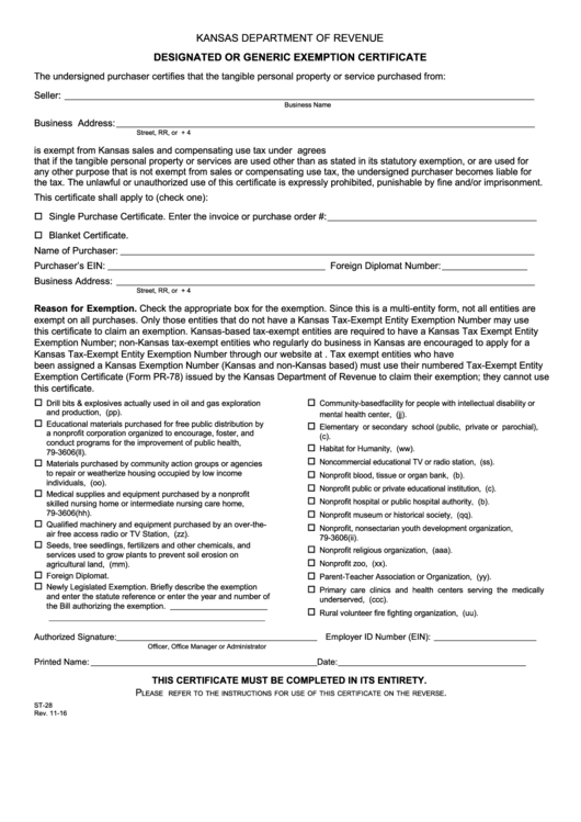 Fillable Form St-28 - Designated Or Generic Exemption Certificate ...