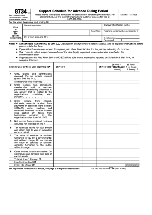 Fillable Form 8734 - Support Schedule For Advance Ruling Period ...