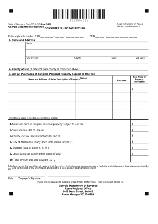 Fillable Form St-3use - Consumer'S Use Tax Return printable pdf download