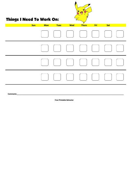 Fillable Things I Need To Work On Chart - Pikachu printable pdf download