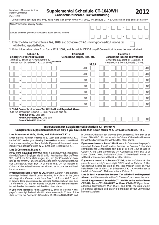 Fillable Supplemental Schedule Ct-1040wh - Connecticut Income Tax ...