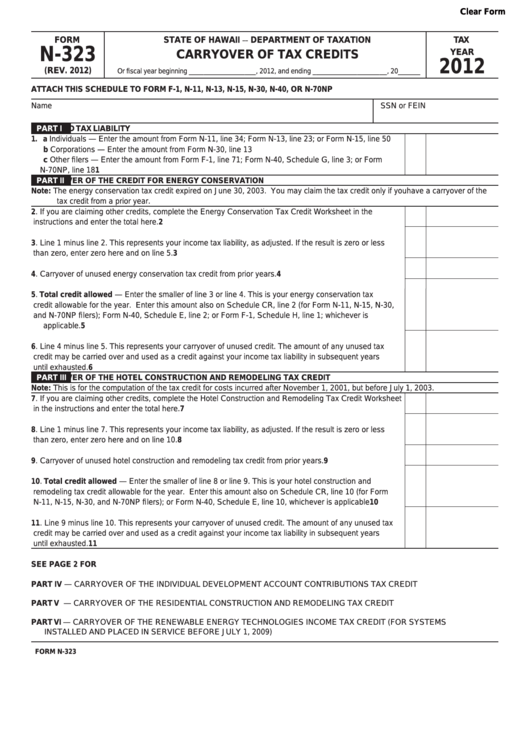 Fillable Form N-323 - Carryover Of Tax Credits - 2012 printable pdf ...
