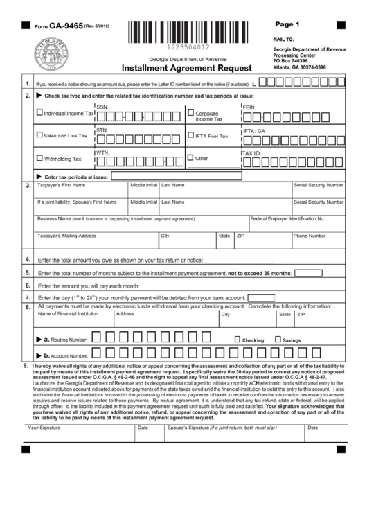 Form Ga-9465 - Installment Agreement Request printable pdf download