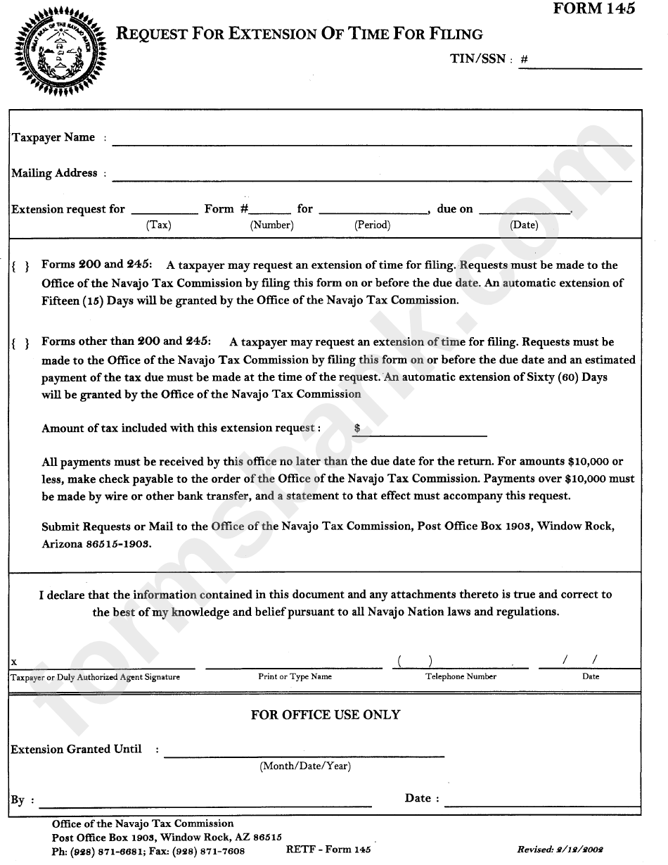 Form 145 - Request For Extension Of Time For Filing printable pdf download