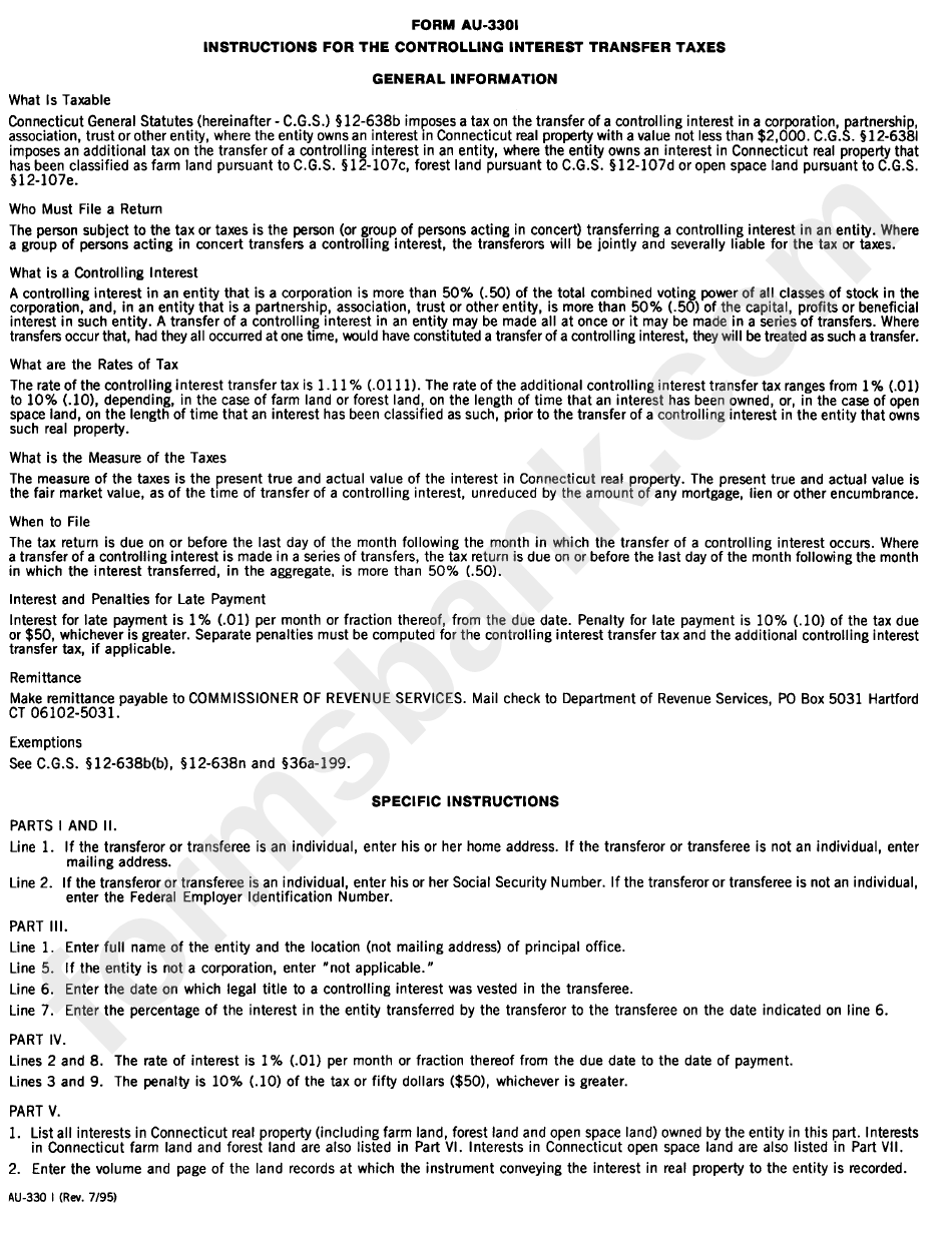 Form Au-330 I Instructions For The Controlling Interest Transfer Taxes ...