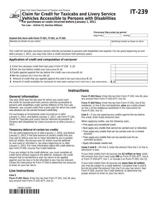 Fillable Form It-239 - Claim For Credit For Taxicabs And Livery Service ...