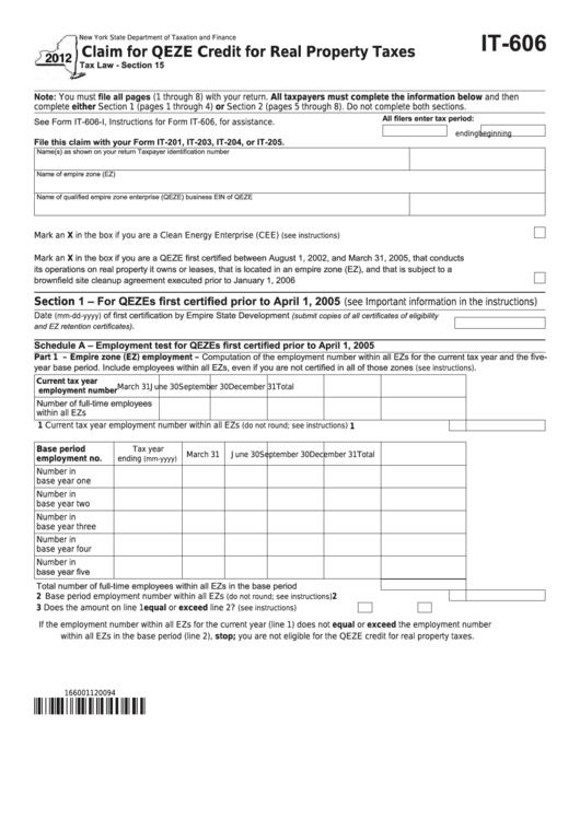 Fillable Form It-606 - Claim For Qeze Credit For Real Property Taxes ...