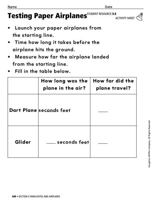 Testing Paper Airplanes Activity Sheet printable pdf download