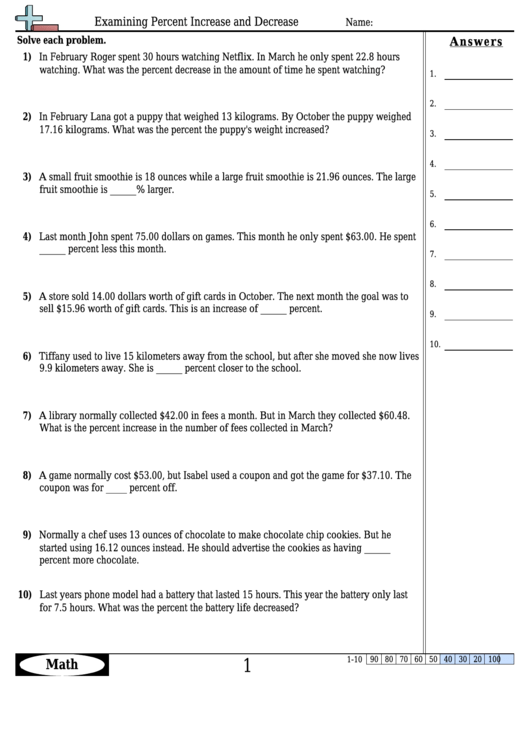 Examining Percent Increase And Decrease Math Worksheet With Answers
