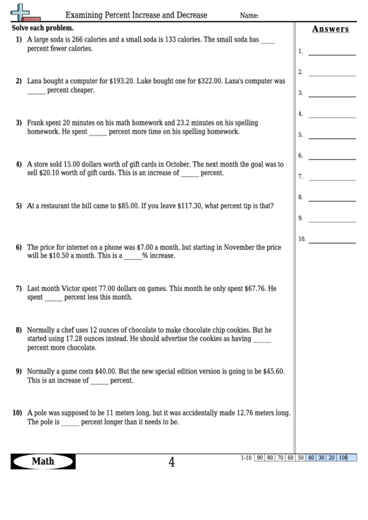 Examining Percent Increase And Decrease Math Worksheet - With Answers ...