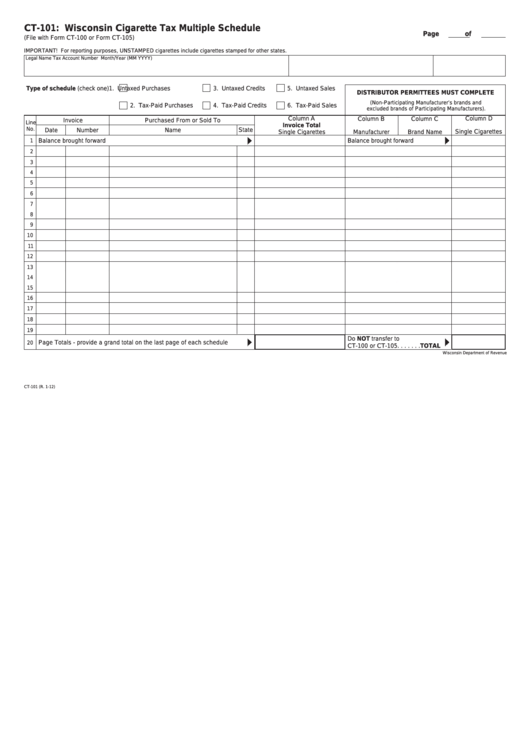 Fillable Form Ct-101 - Wisconsin Cigarette Tax Multiple Schedule ...