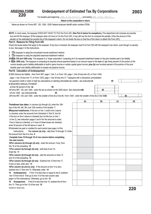 Arizona Form 220 - Underpayment Of Estimated Tax By Corporations - 2003 ...