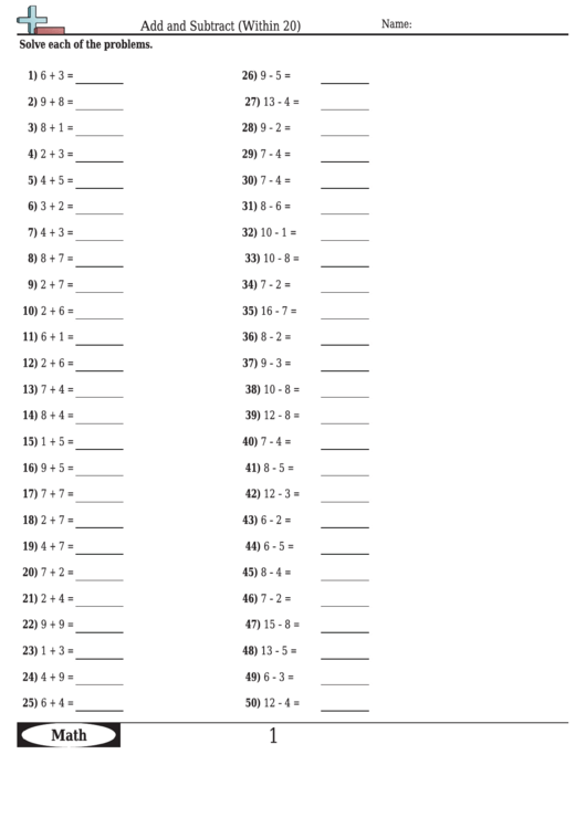 Add And Subtract Within 20 Math Worksheet With Answers Printable