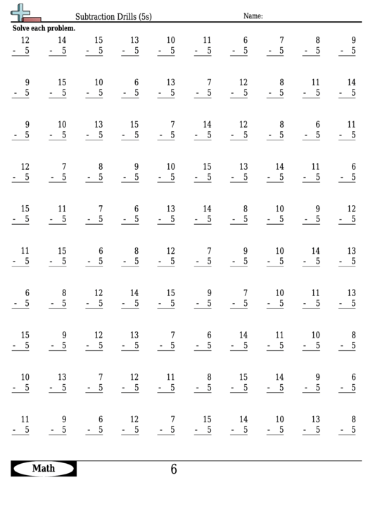 Subtraction Drills (5s) - Subtraction Worksheet With Answers printable ...