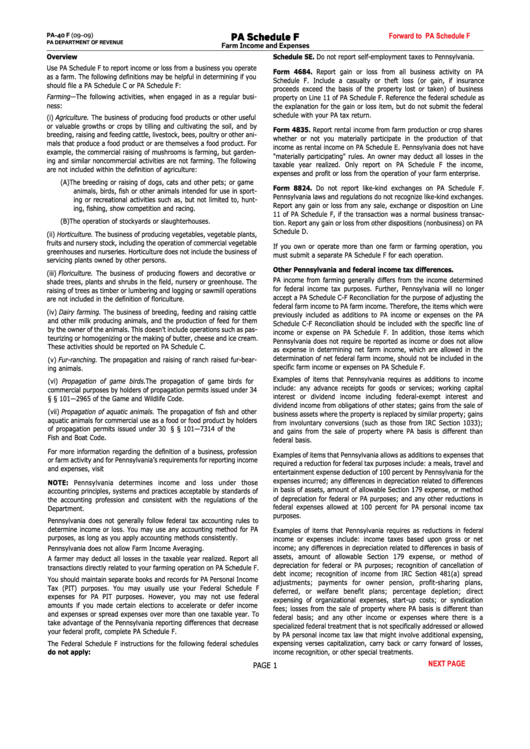 Fillable Form Pa-40 F - Pa Schedule F - Farm Income And Expenses ...