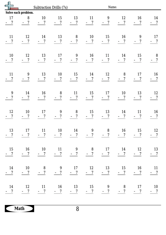 Subtraction Drills (7s) - Subtraction Worksheet With Answers printable ...