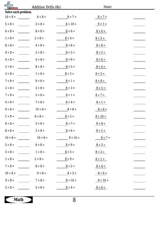 Addition Drills (8s) - Addition Worksheet With Answers printable pdf ...