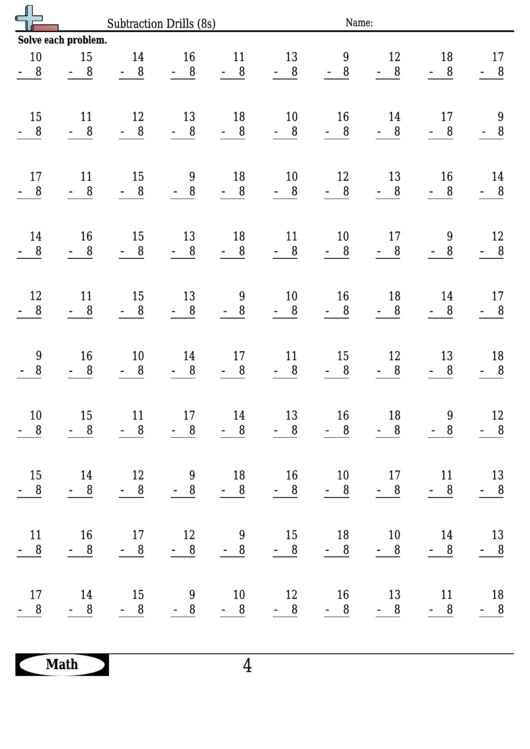 Subtraction Drills (8s) - Subtraction Worksheet With Answers printable ...