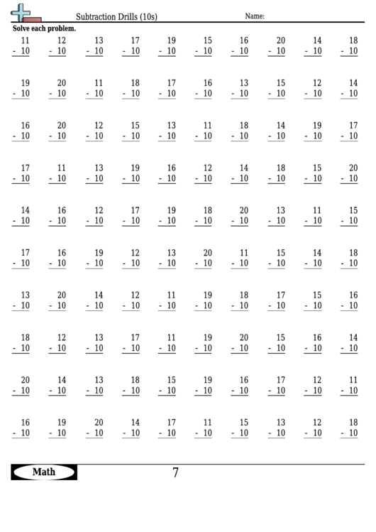 Subtraction Drills (10s) - Subtraction Worksheet With Answers printable ...