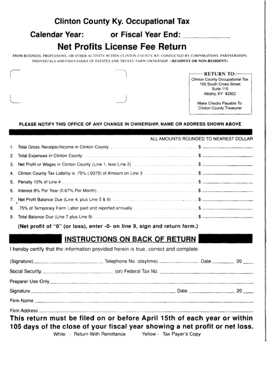 Net Profit License Fee Return - Clinton Country printable pdf download