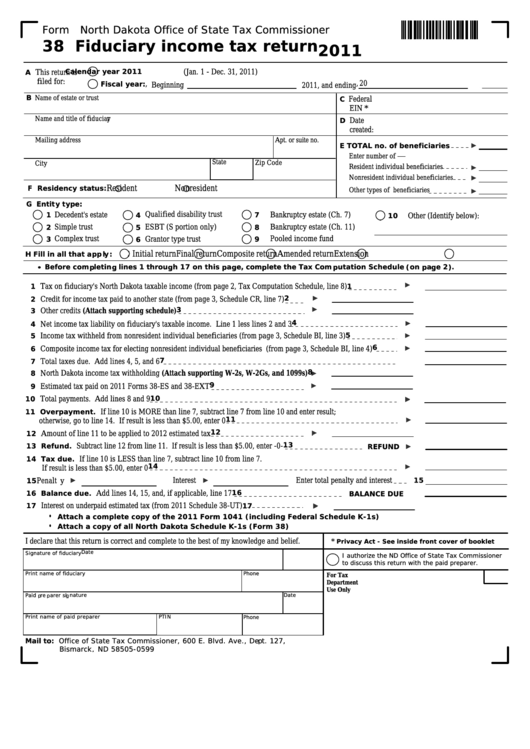 Fillable Form 38 - Fiduciary Income Tax Return - 2011 printable pdf ...