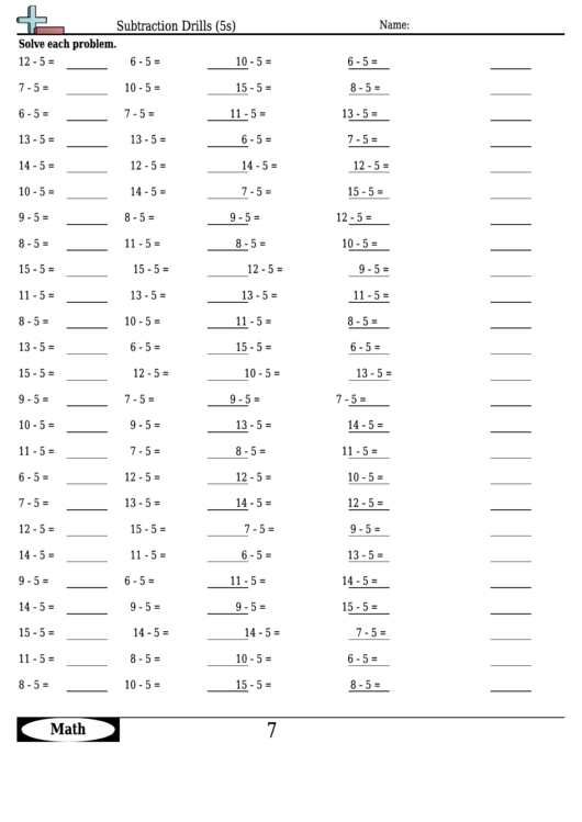 Subtraction Drills (5s) - Subtraction Worksheet With Answers printable ...