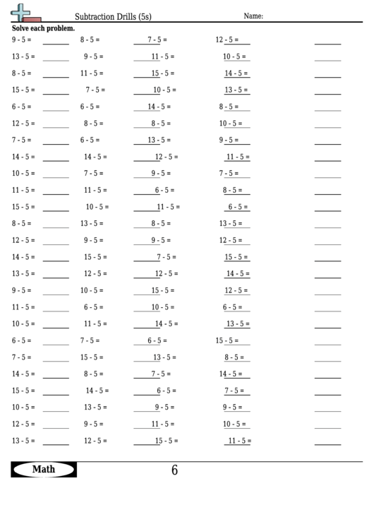 Subtraction Drills (5s) - Subtraction Worksheet With Answers printable ...
