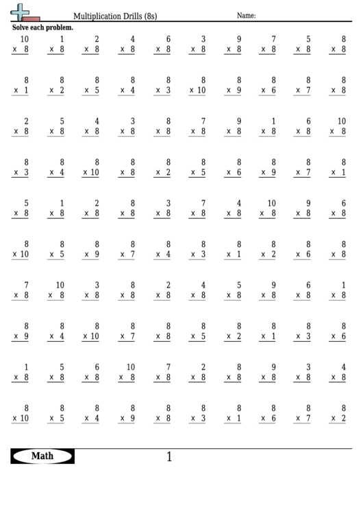 Multiplication Drills 8s Multiplication Worksheet With Answers 