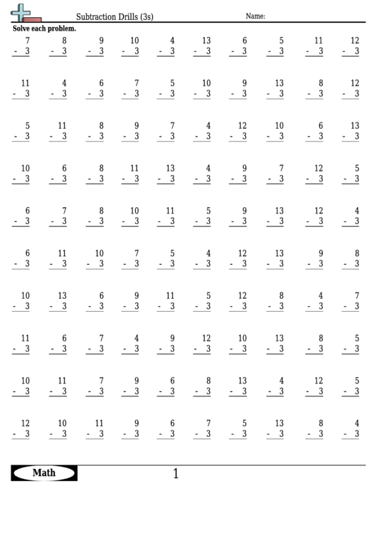 Subtraction Drills (3s) - Subtraction Worksheet With Answers printable ...